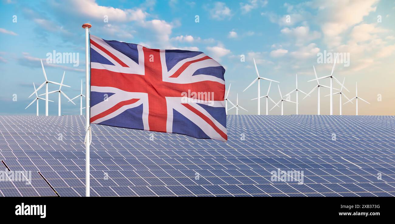 Official flag of the United Kingdom in front of a large array of solar ...