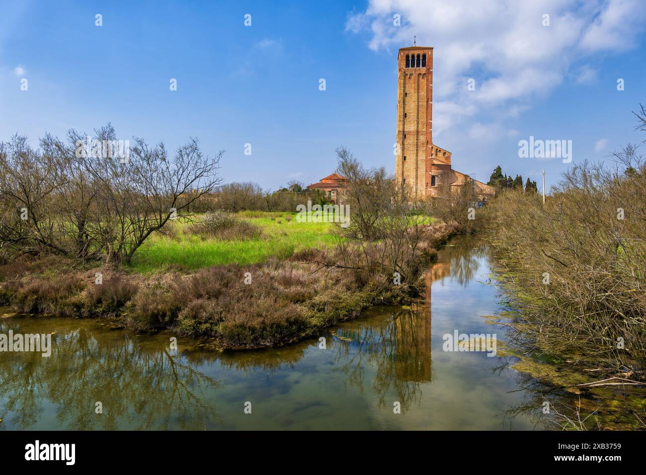 Torcello island landscape in the Venetian Lagoon, Italy. Canal, meadow ...