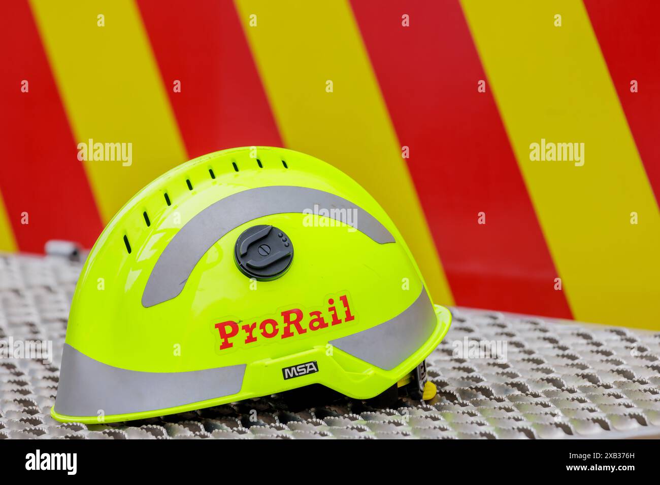 Velp, The Netherlands - June 1, 2024: Safety helmet of ProRail, a Dutch ...