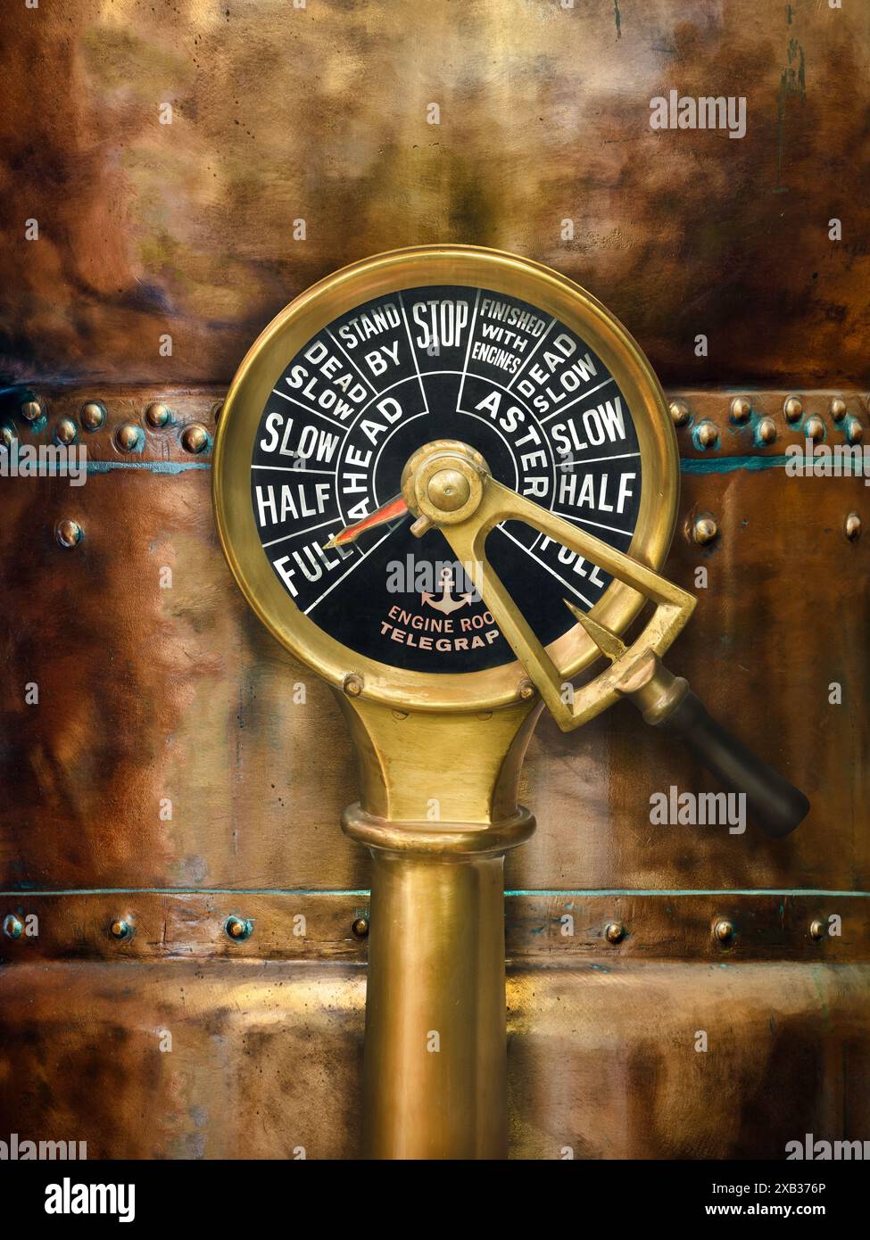 Ancient Engine Room Bridge Telegraph in front of a copper background ...
