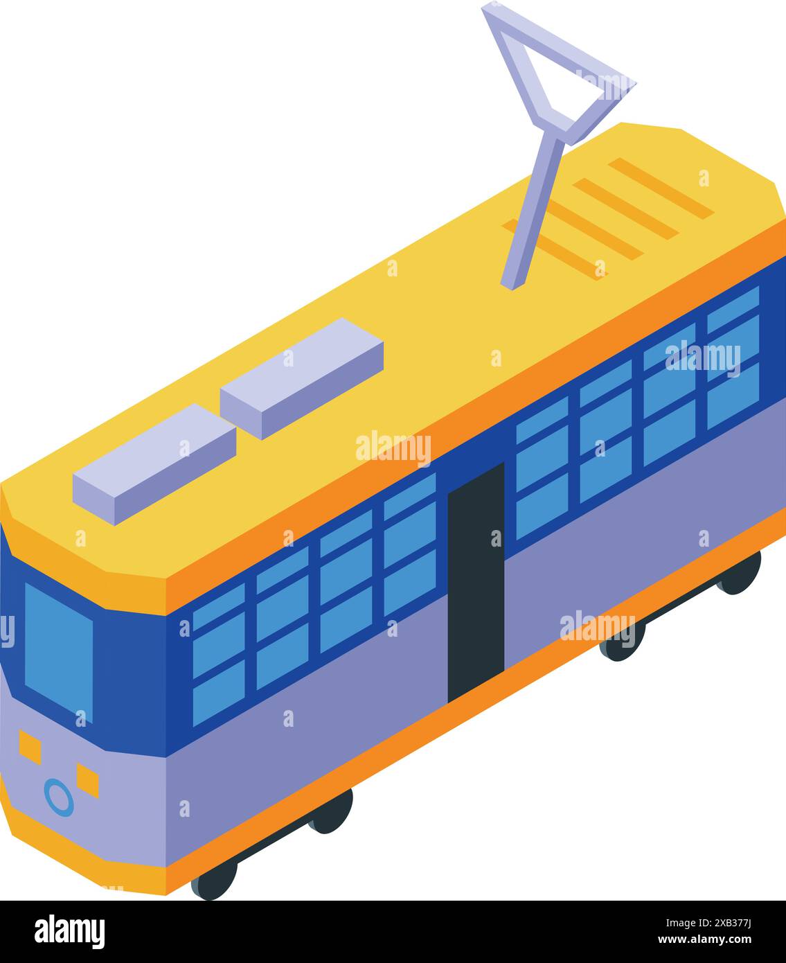 Yellow and blue modern tram running through city center isometric ...