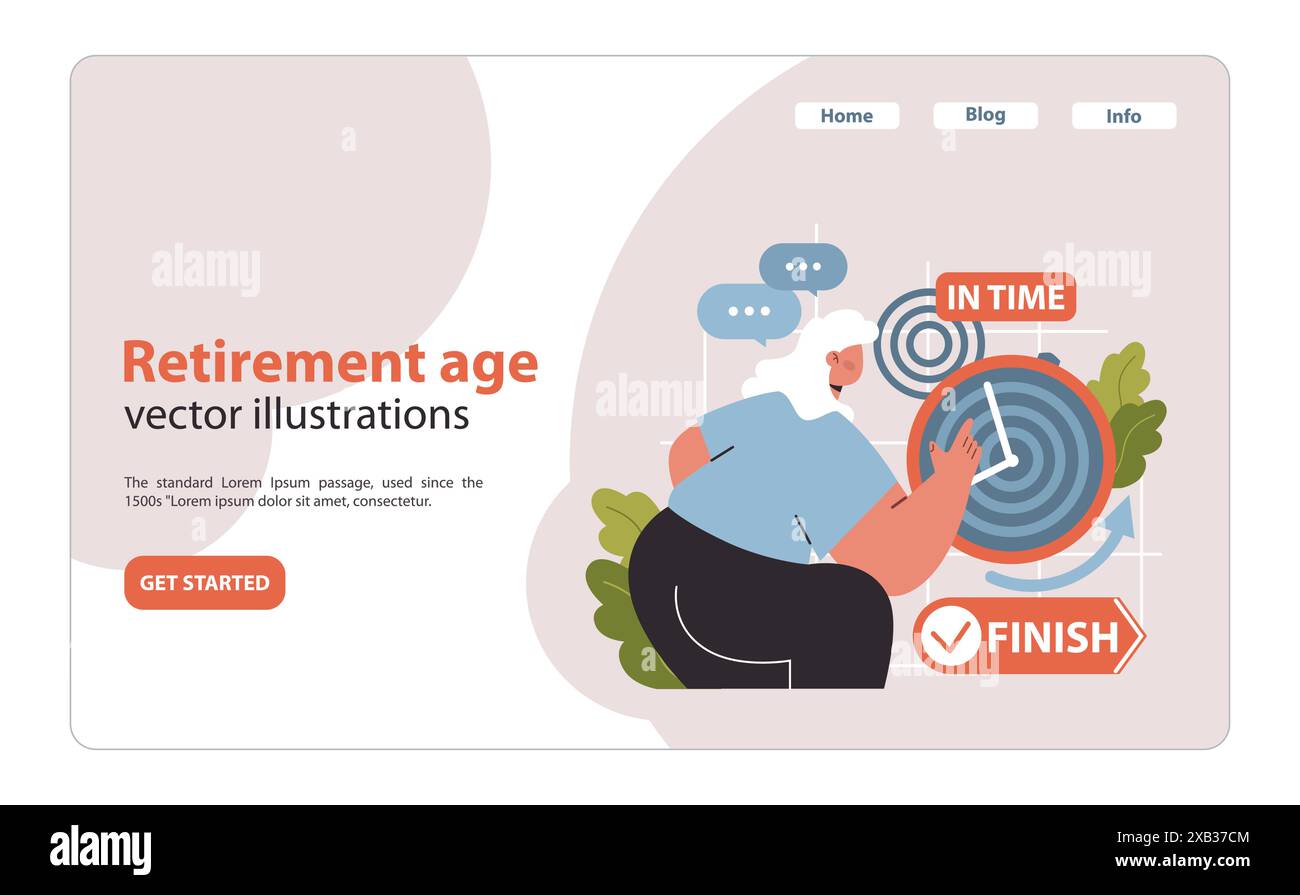 Elderly woman illustrates the timely journey to retirement age, marking ...
