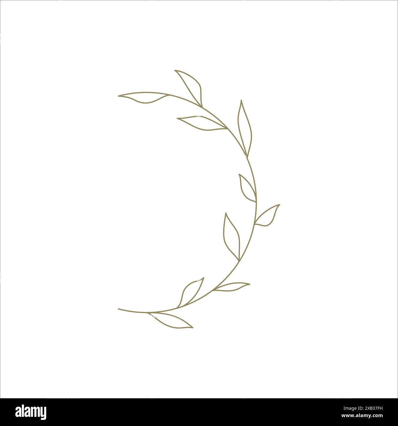 Monochrome curved olive tree branch with leaves hand drawn line art ...