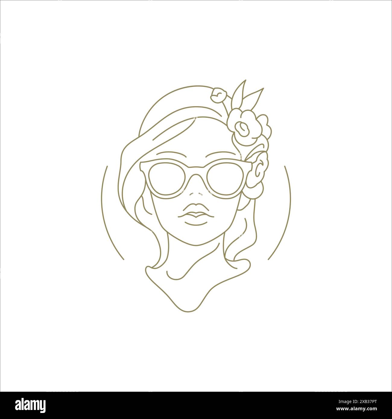 Fashion botany woman in sunglasses with flower golden hand drawn linear ...