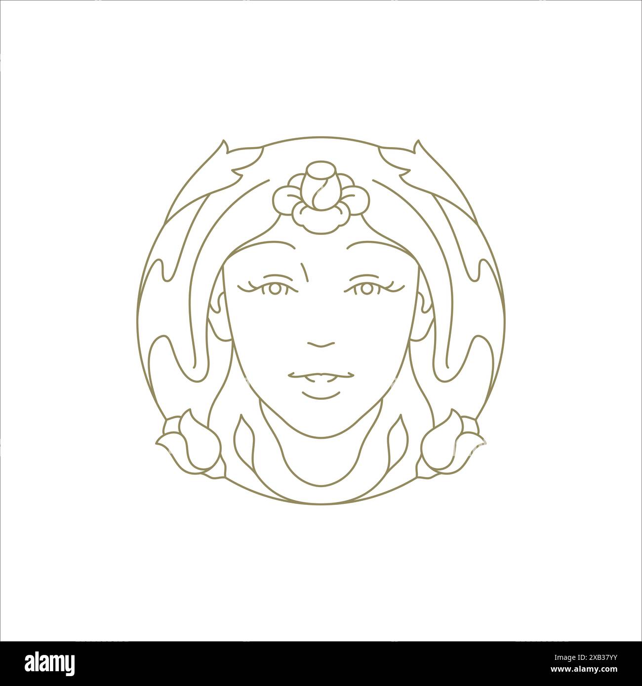 Mystic botanical woman portrait with flower tulip hand drawn circle ...