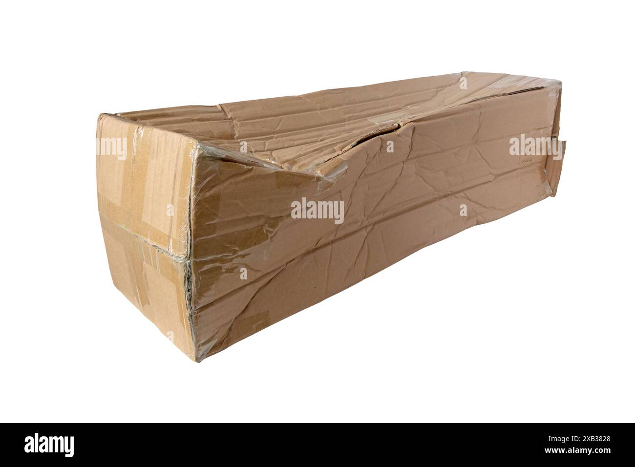 Damaged brown cardboard mailing box isolated on white. Mail container ...