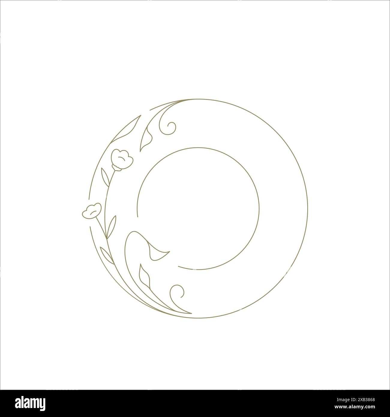 Round frame with natural flower botanical hand drawn line art decor ...