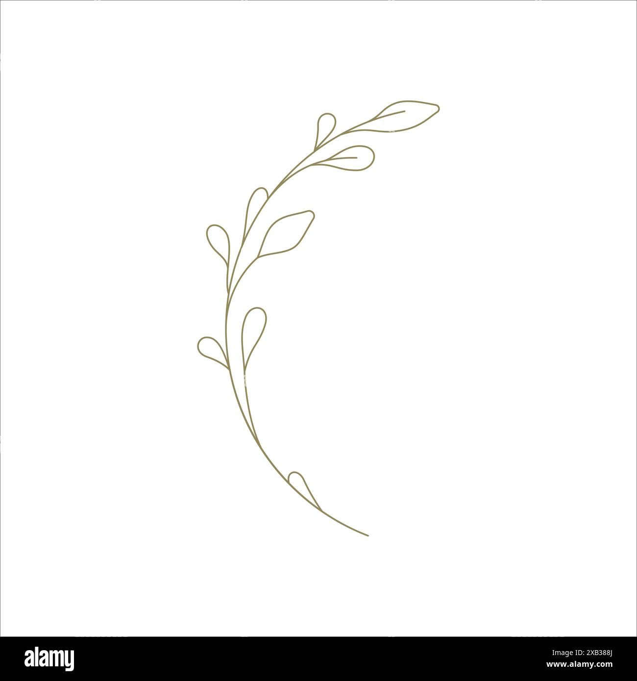 Monochrome elegant curved tree branch with leaves hand drawn line art ...