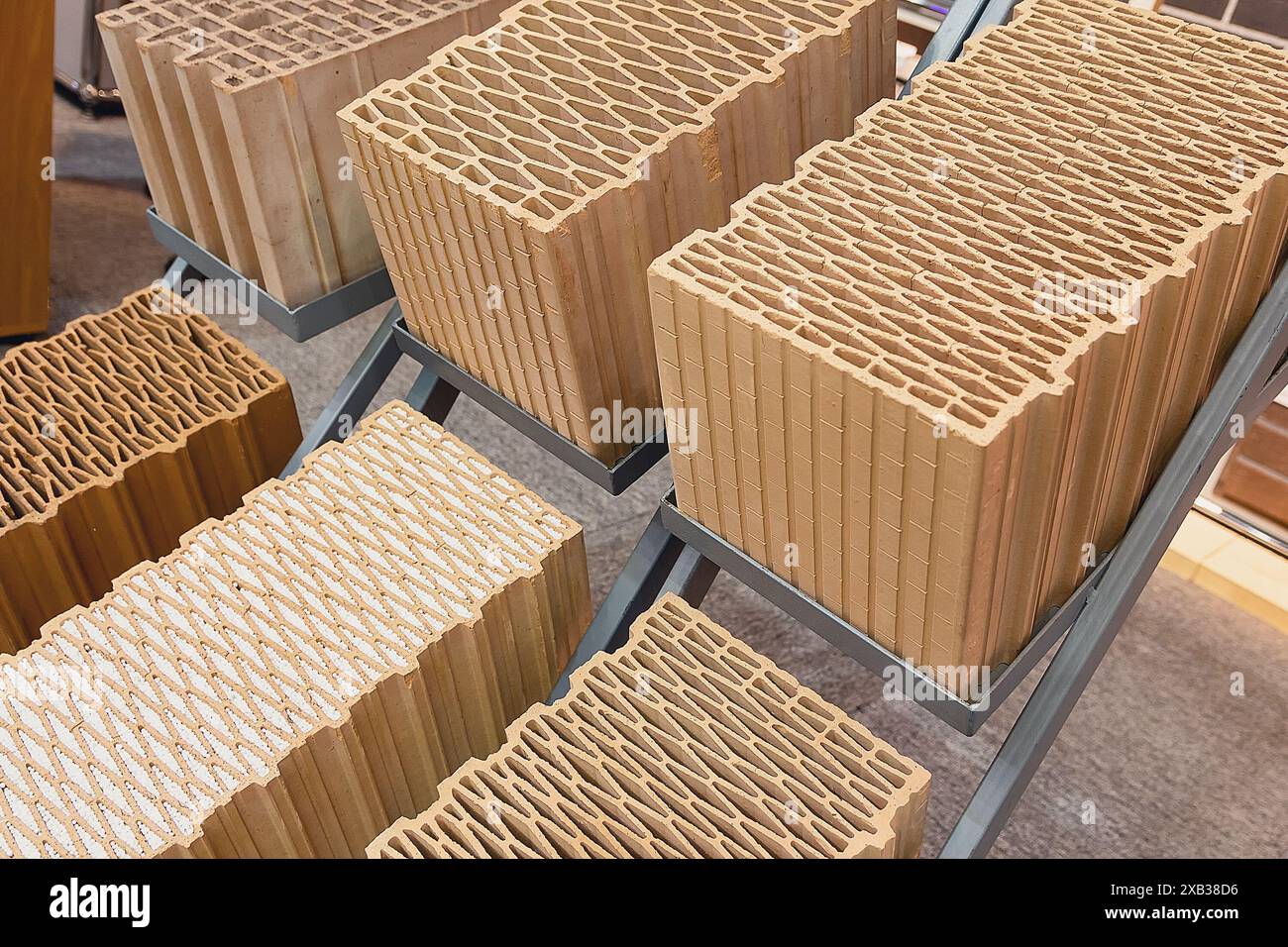 Various types of building hollow red bricks with different patterns ...