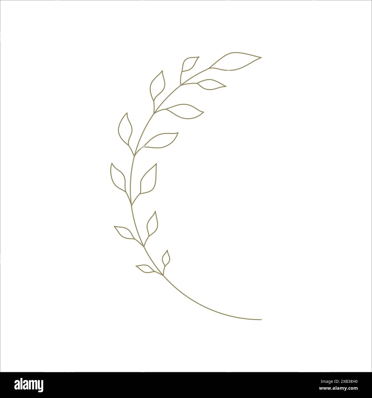 Monochrome golden curved tree branch with leaves line art decor element ...