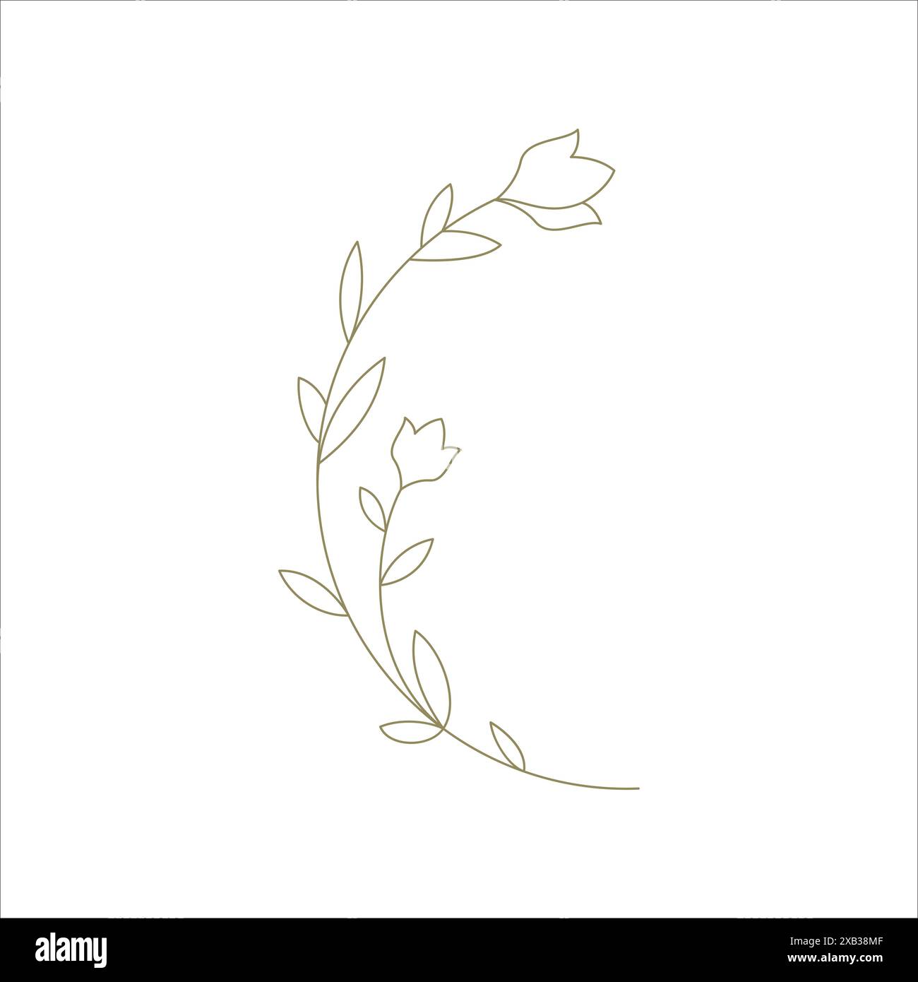 Elegant curved flower with stem and leaves monochrome linear decor for ...