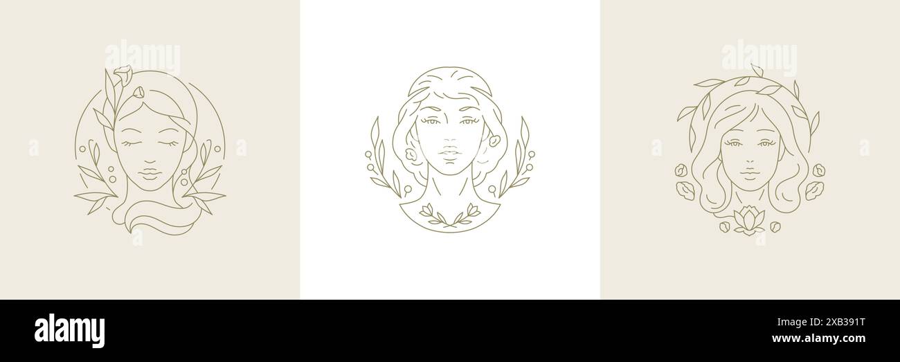 Beauty botanical woman goddess face with flowers minimalist line art ...