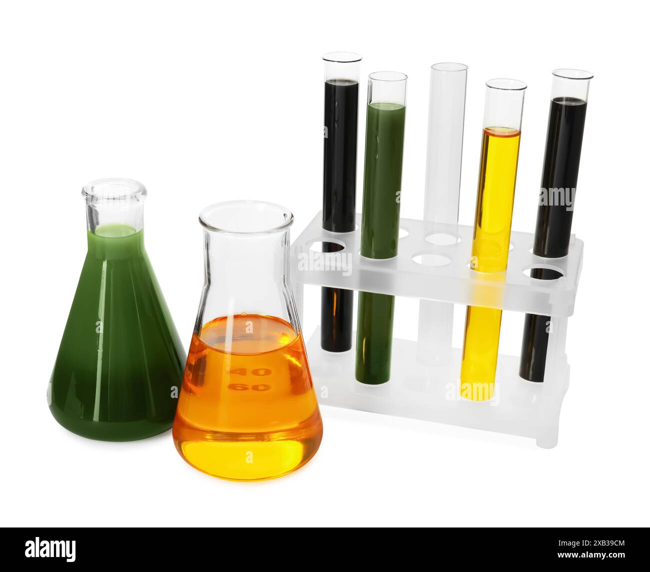 Test tubes and flasks with different types of oil isolated on white ...
