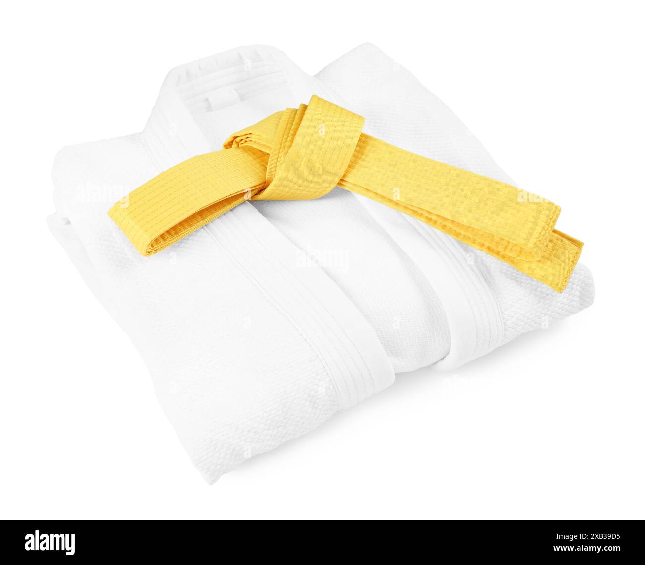 Yellow karate belt and kimono isolated on white Stock Photo - Alamy
