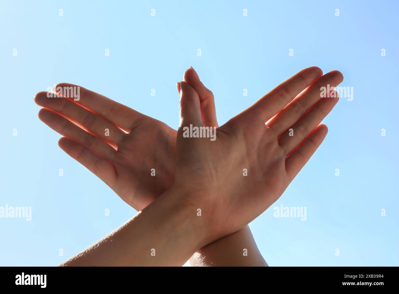 Woman making hand gesture like bird on light blue background, closeup ...