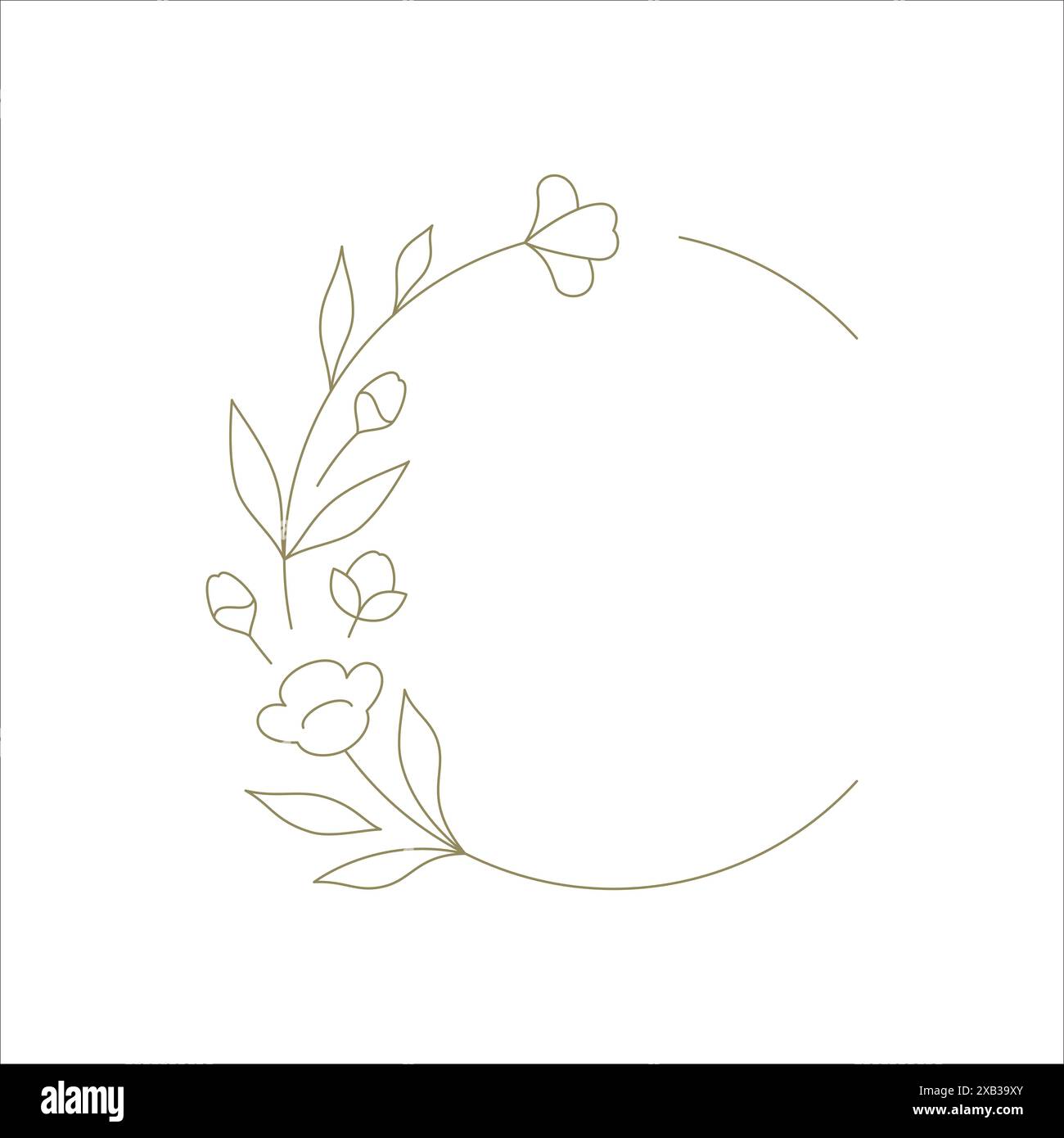 Botanical blossom flower wreath with leaves hand drawn line art round ...