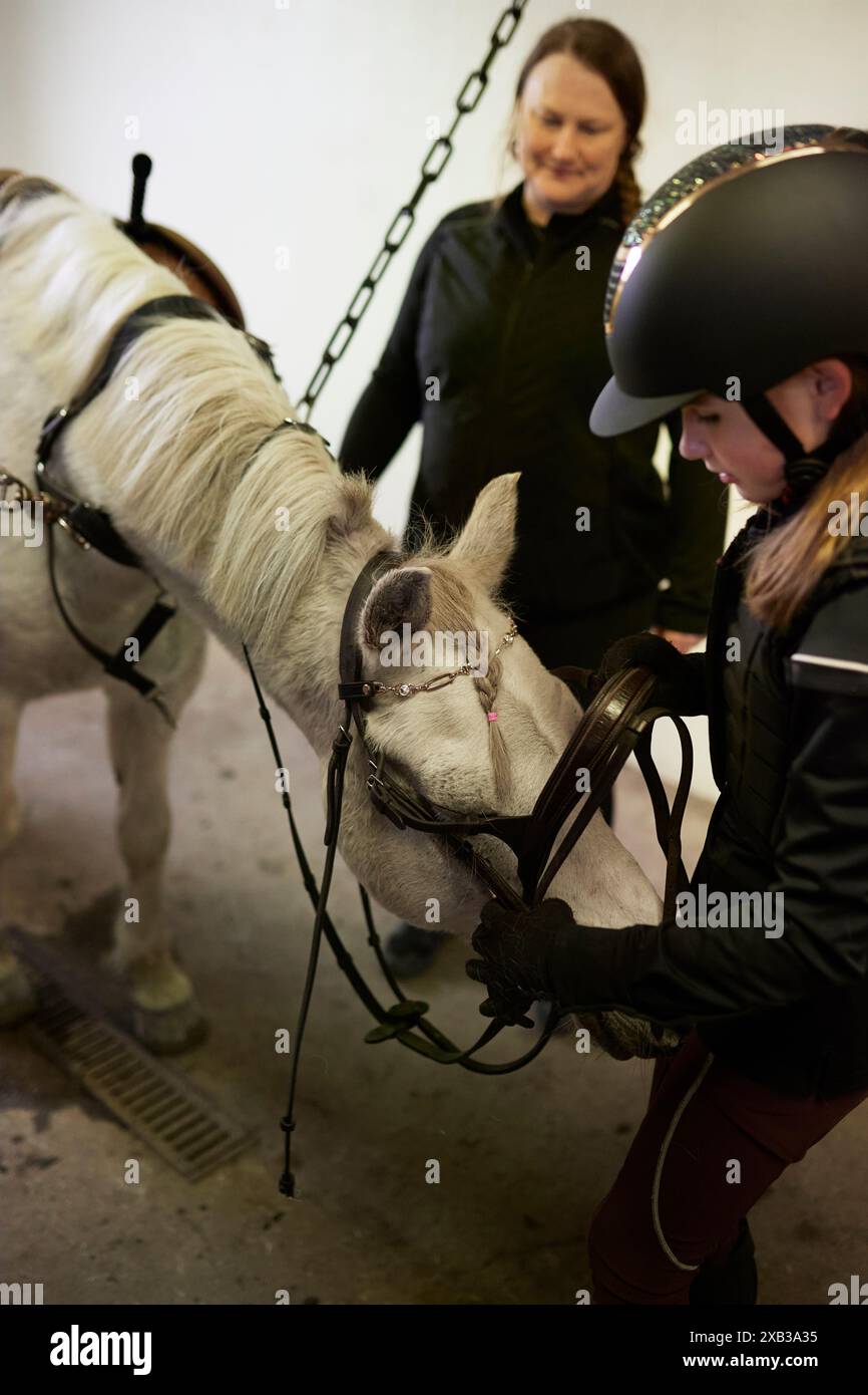 Girl putting bridle on horse standing with female instructor in stable ...