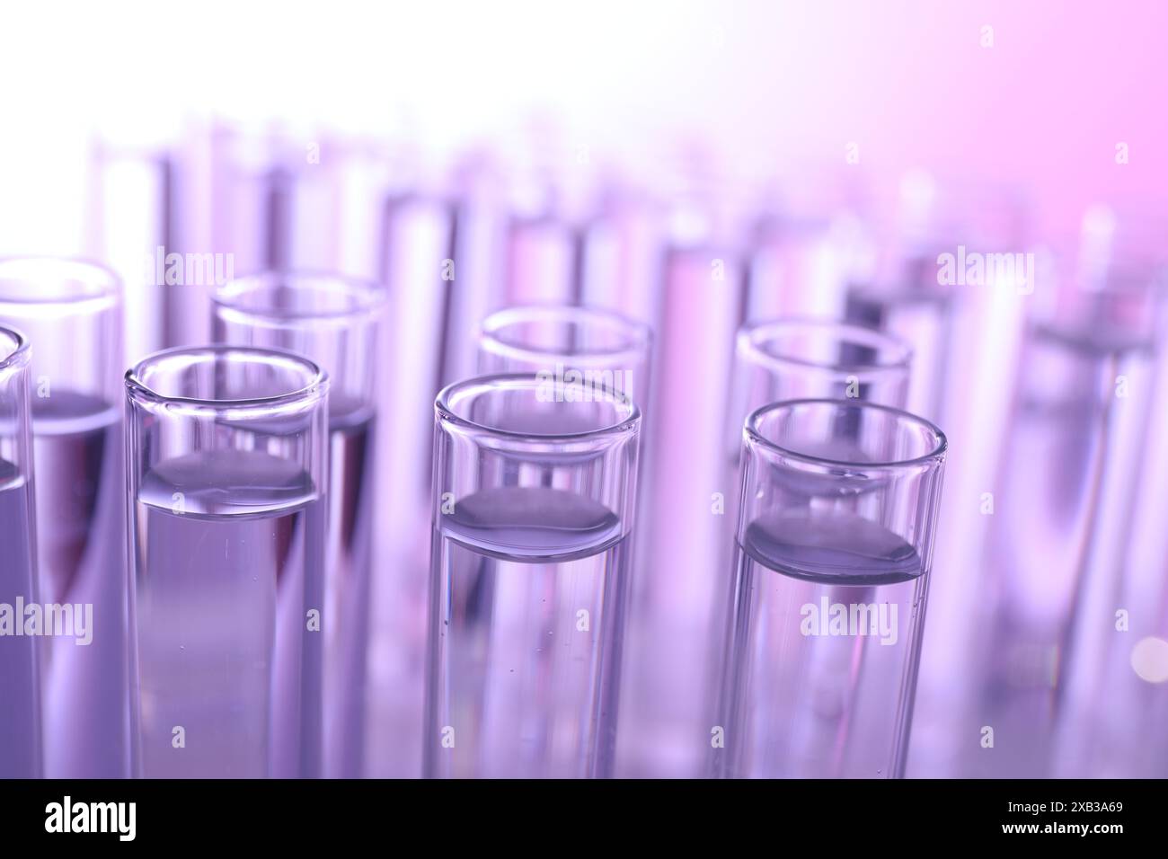 Many glass test tubes on violet background, closeup Stock Photo - Alamy