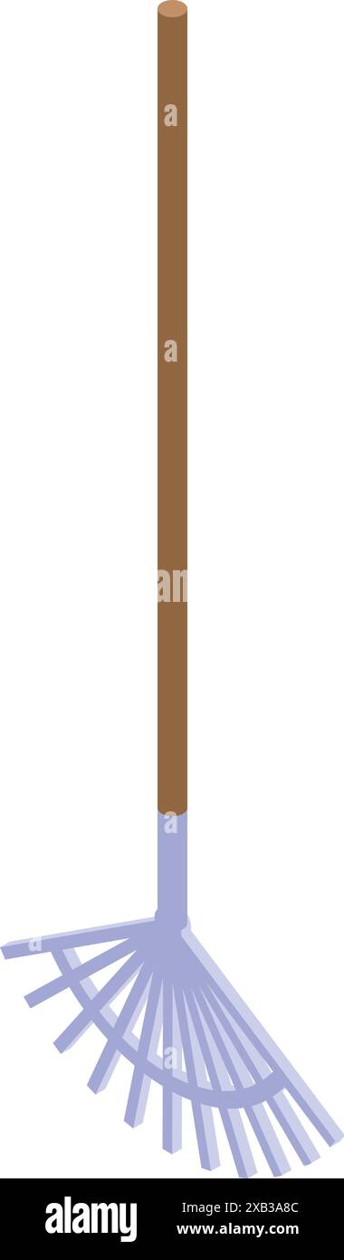 Isometric garden rake standing on its metal teeth with a wooden handle ...