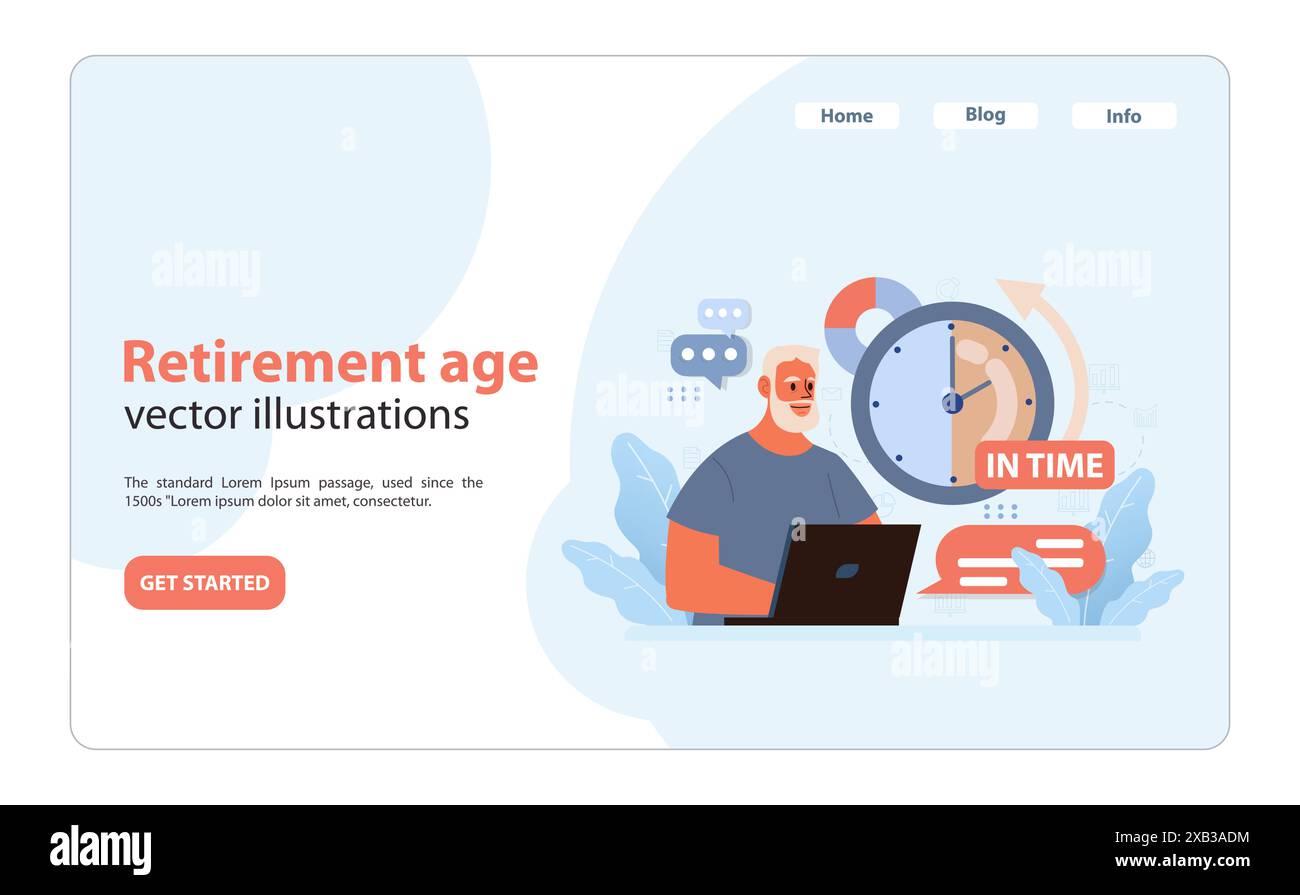 Retirement age concept. Elderly man with laptop amidst time clock ...