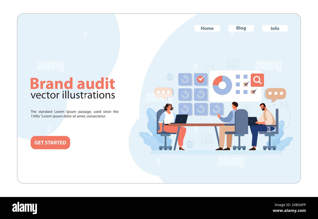 Brand Audit Process. A detailed vector illustration depicting a team ...