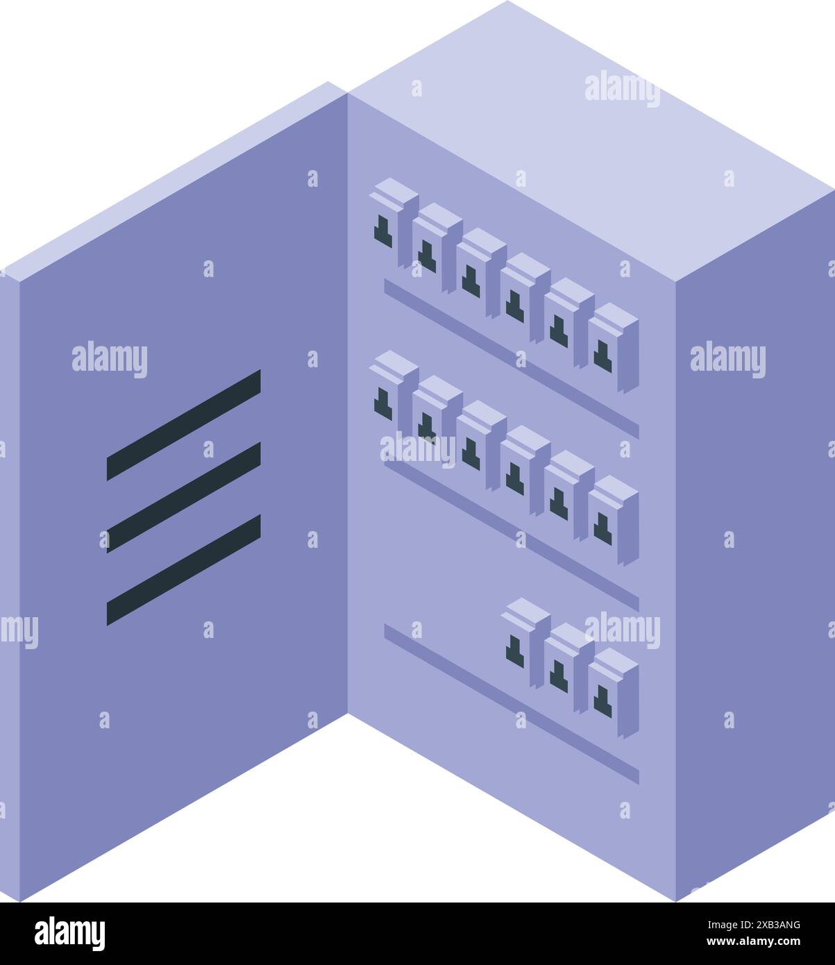 Isometric view of an open electrical panel showing circuit breakers for ...