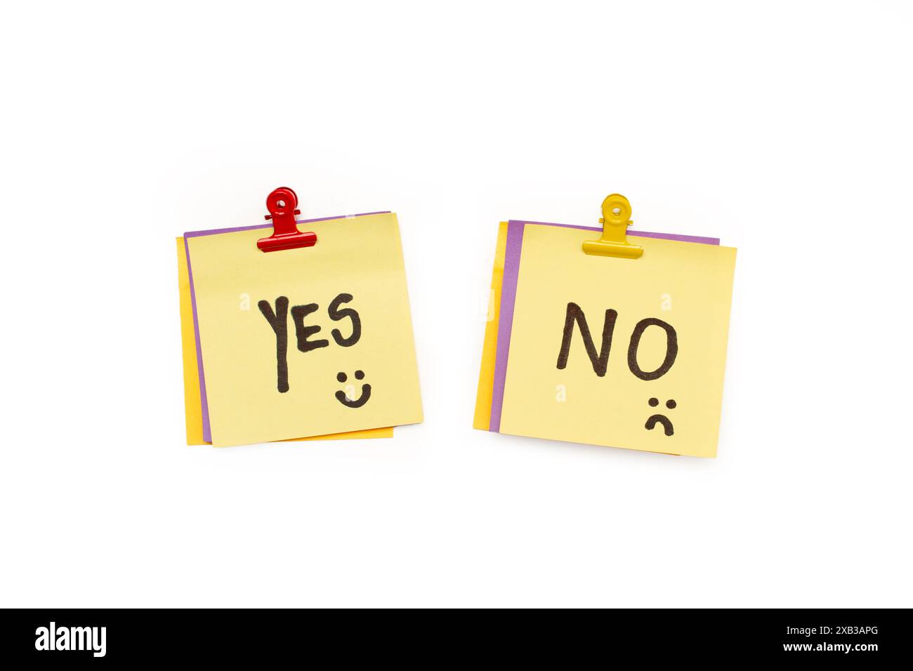 Yes and no word and happy and sad face on yellow sticky papers on a ...