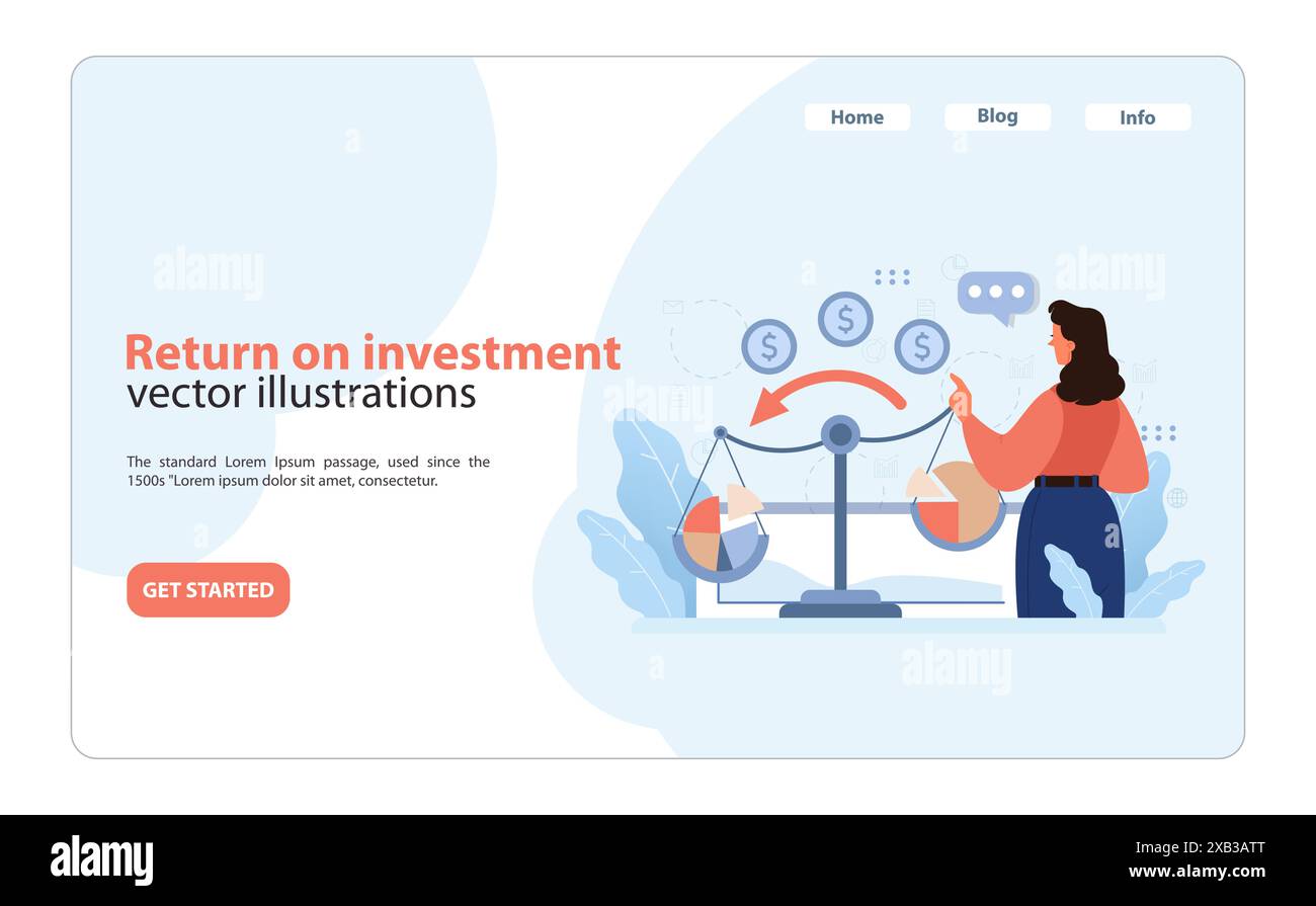 Return on investment concept. Woman evaluates profit balance, measuring ...