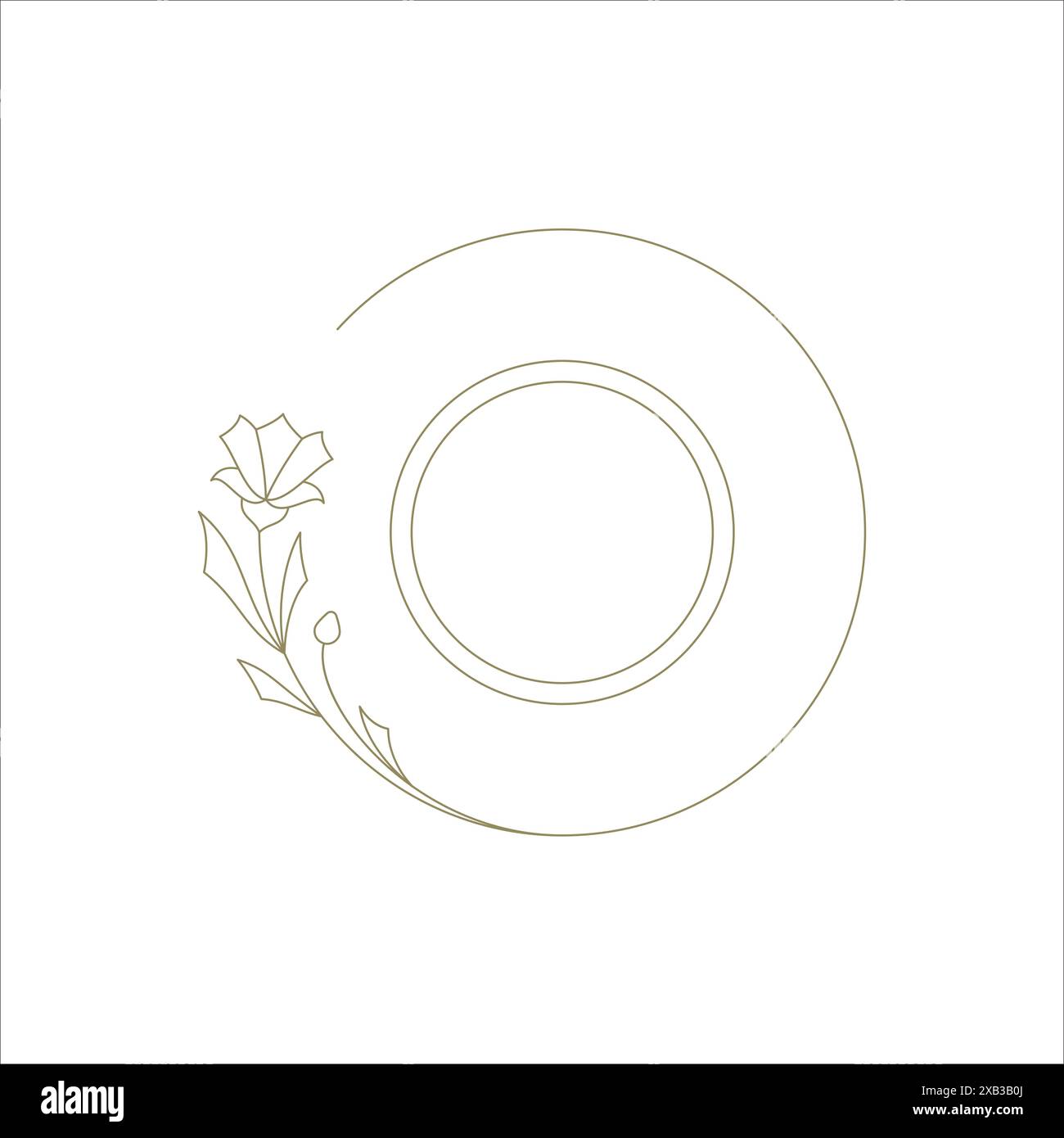 Elegant circle frame with natural flower monochrome line art decor ...
