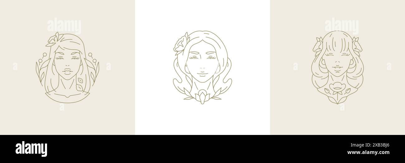 Floral beautiful woman portrait botanical blossom line art logo set ...