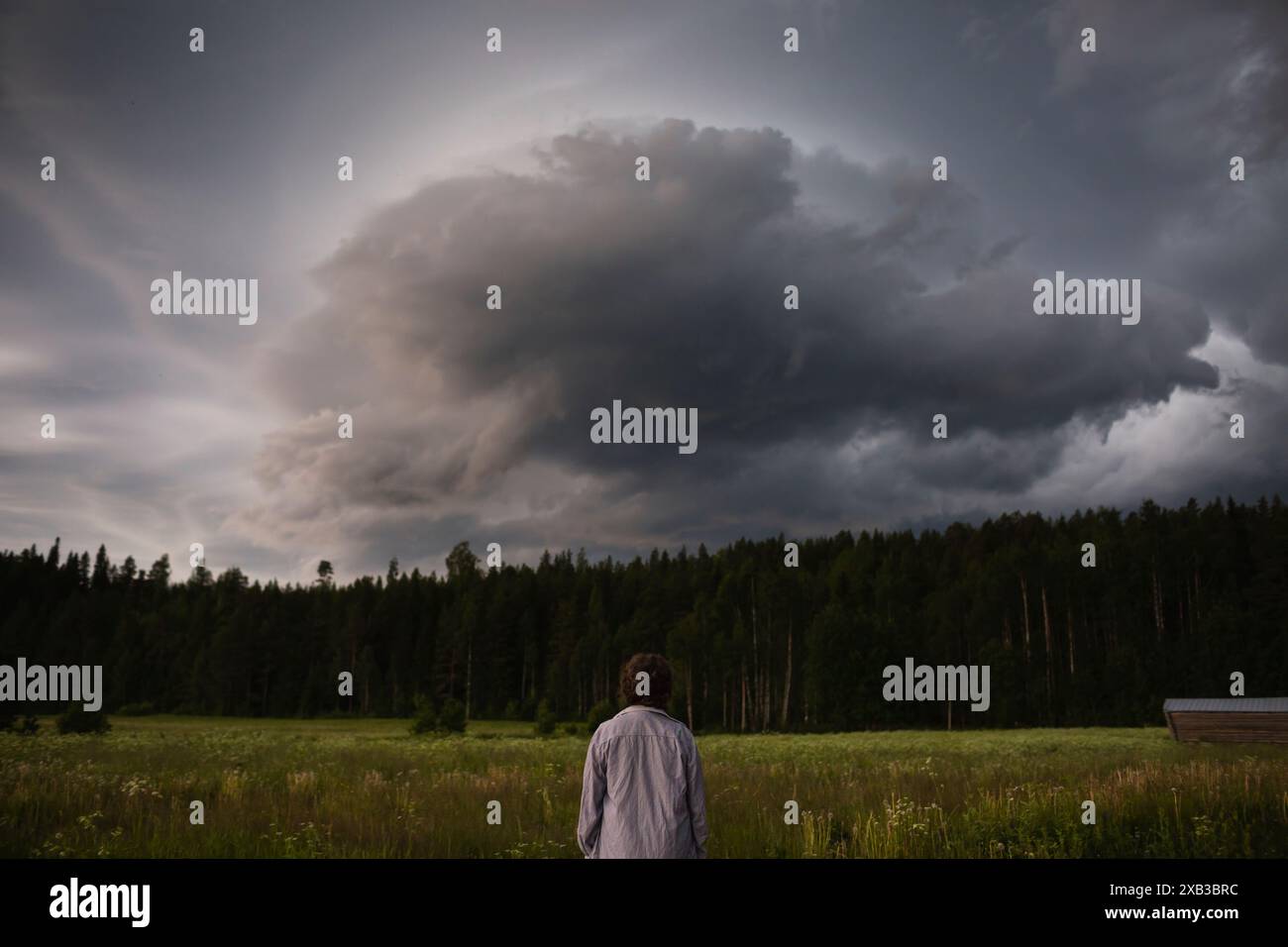 Rear view of person looking at stormy clouds in sky Stock Photo - Alamy