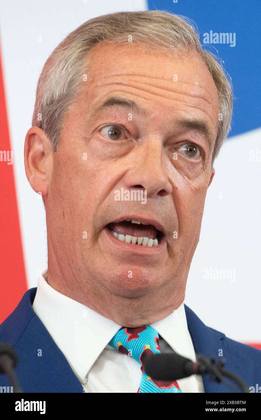 London, UK. 10 Jun 2024. Reform UK Leader Nigel Farage speaks at Reform ...