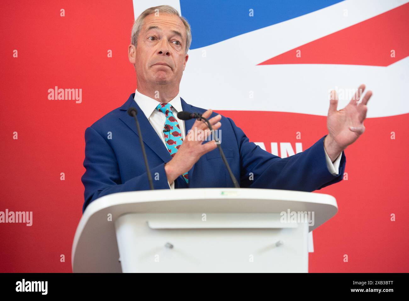 London, UK. 10 Jun 2024. Reform UK Leader Nigel Farage speaks at Reform ...