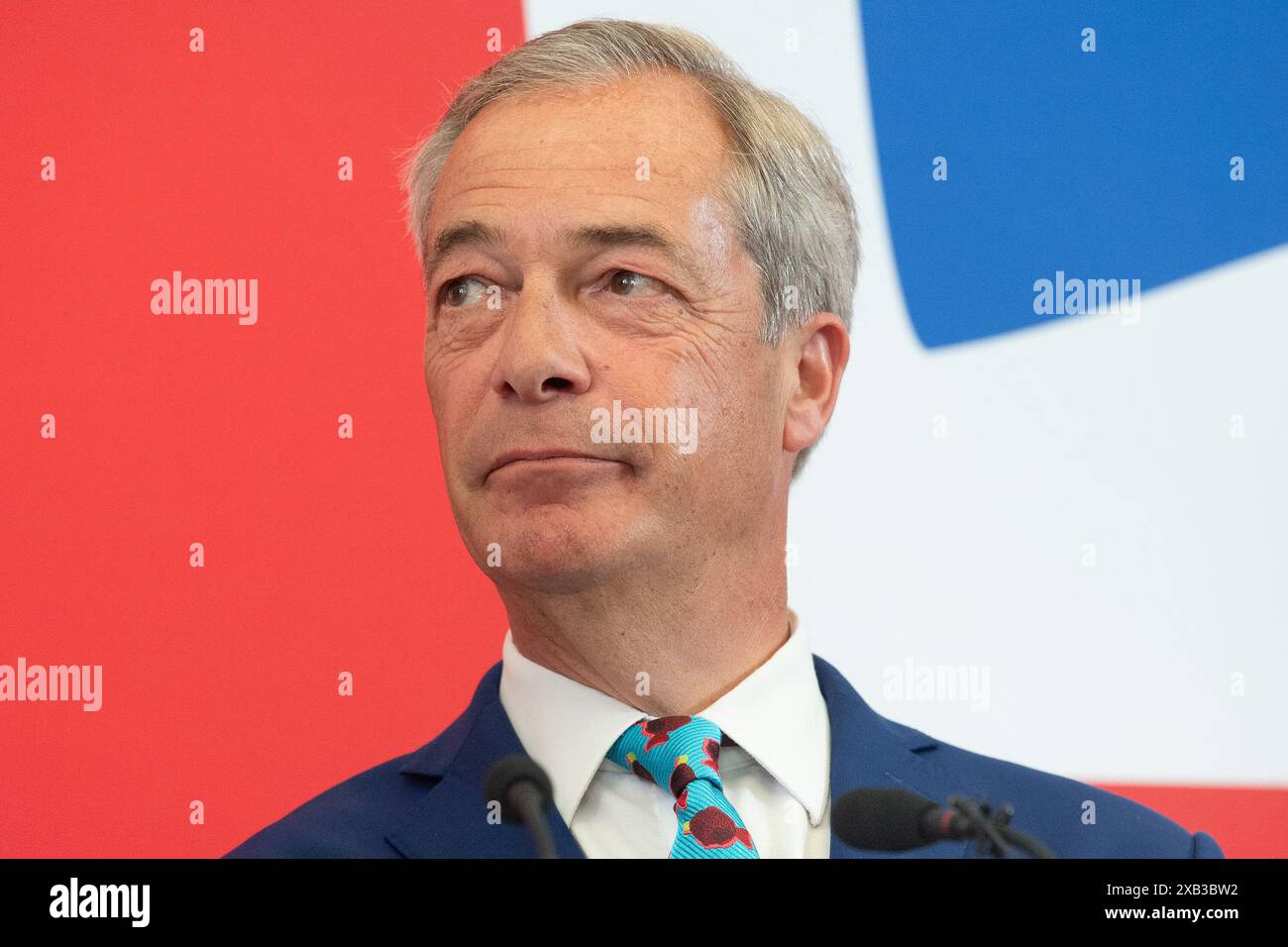 London, UK. 10 Jun 2024. Reform UK Leader Nigel Farage speaks at Reform ...