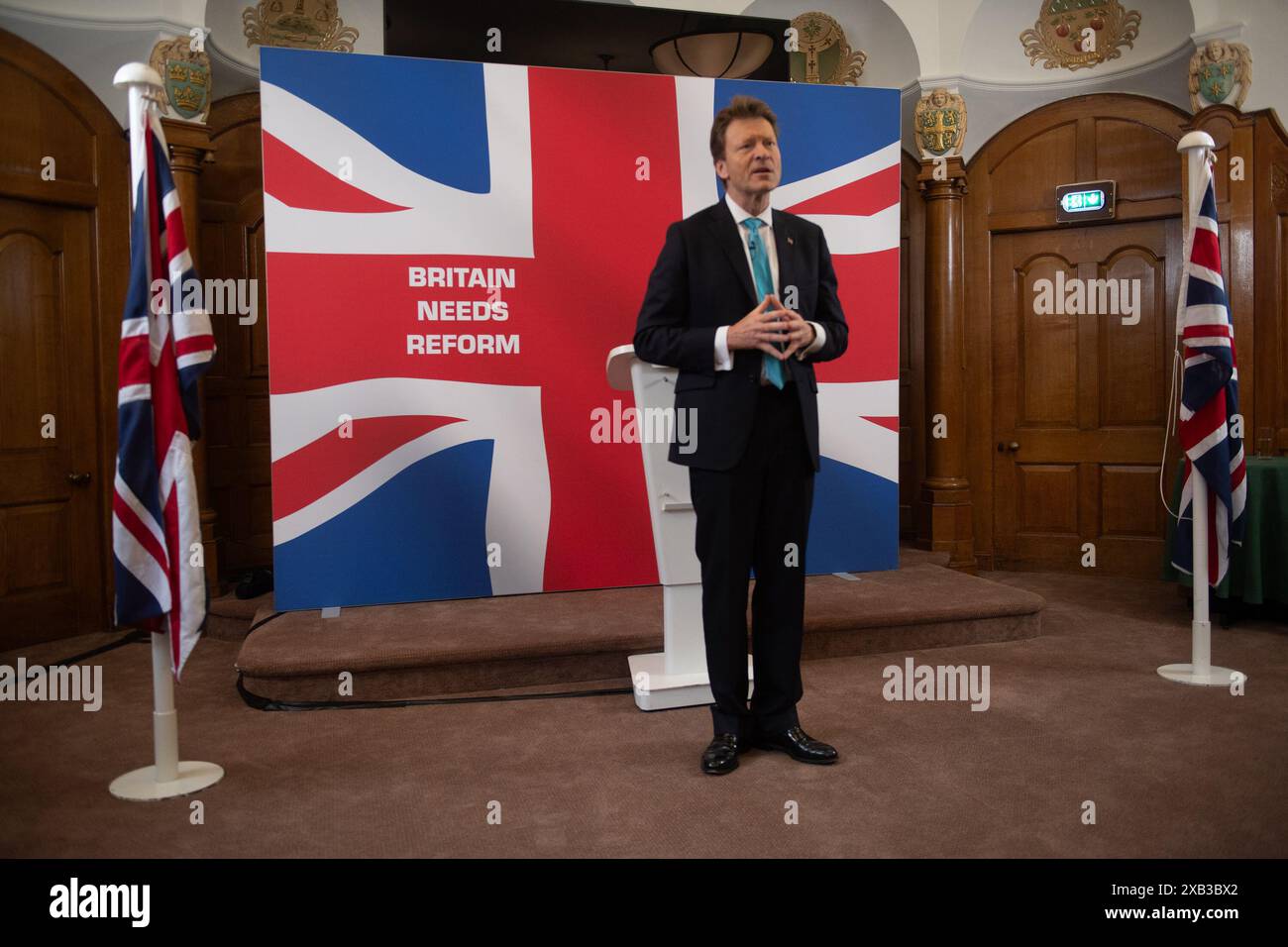 London, UK. 10 Jun 2024. Reform UK Chairman Richard Tice speaks at ...