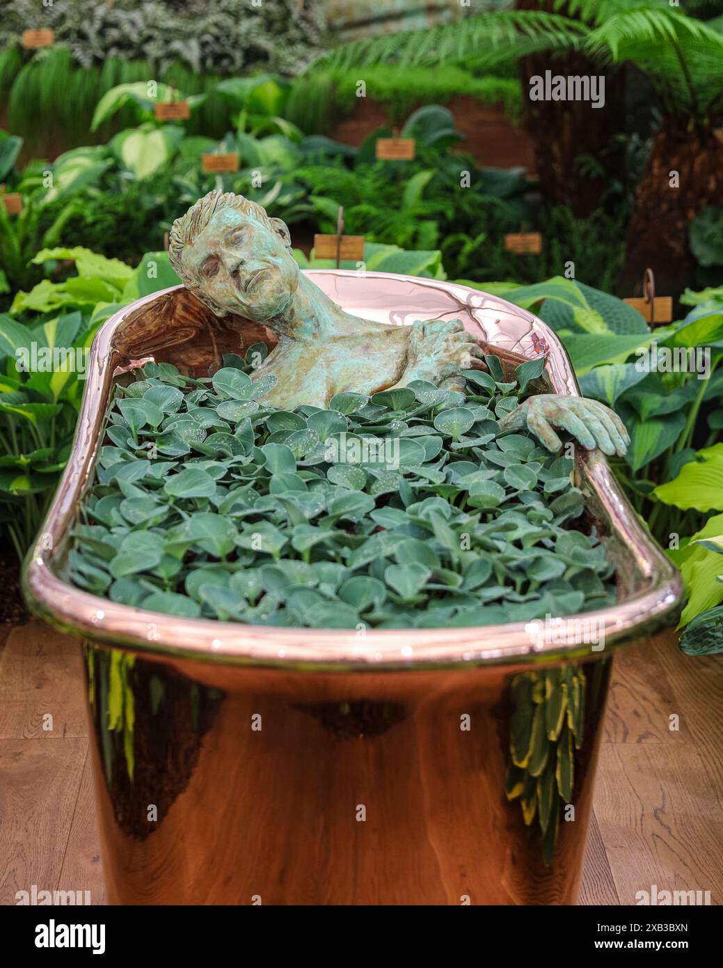 Copper bath plant and sculpture display at New Forest Hostas ...