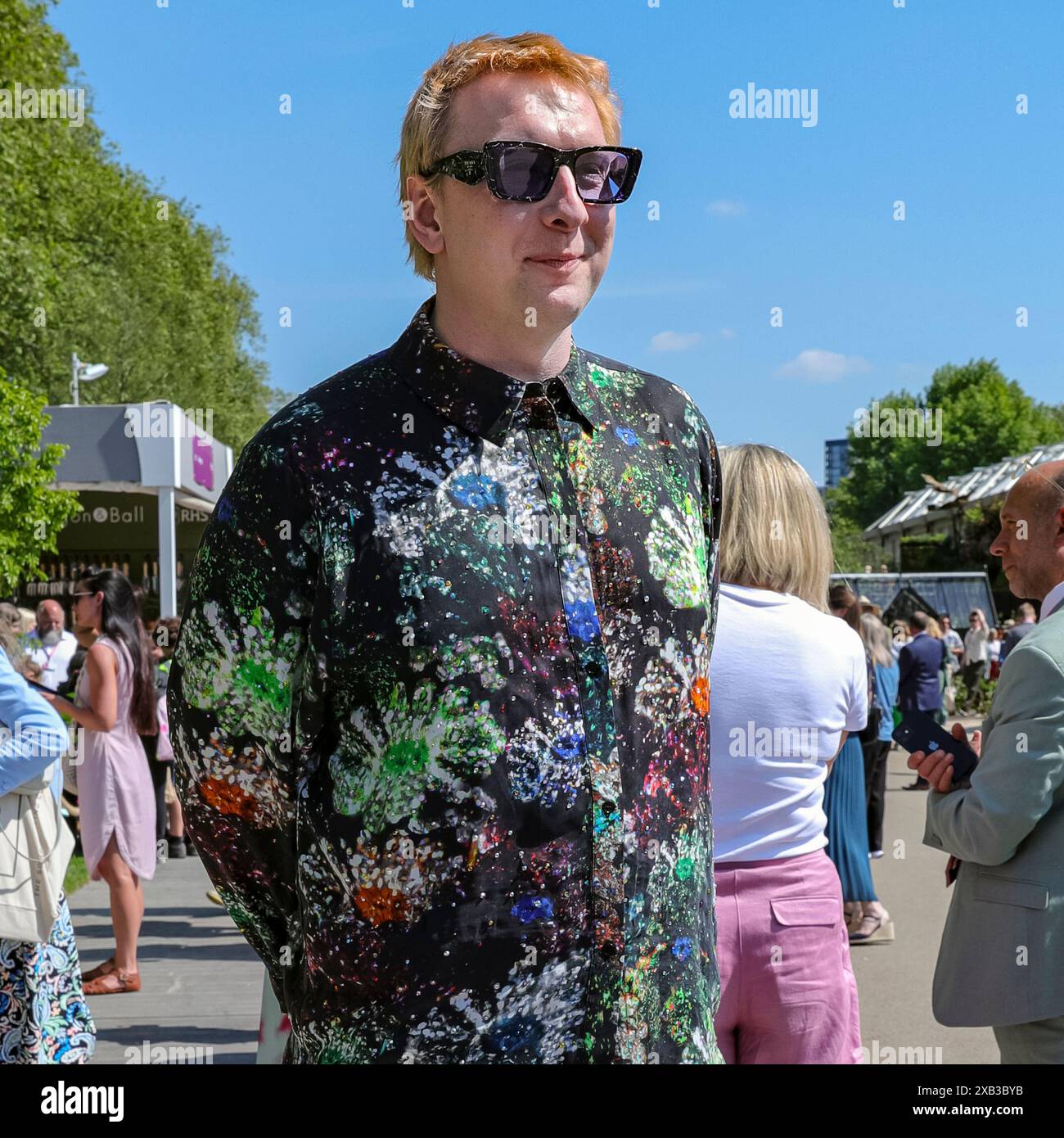 Joe Lycett, British Comedian, in colourful floral outfit at RHS Chelsea ...