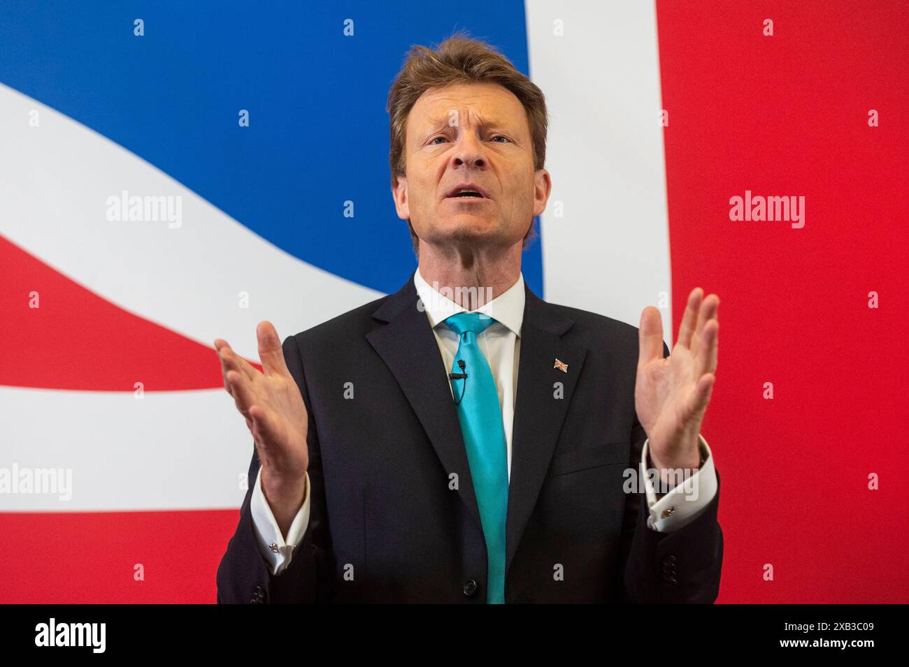 London, UK. 10 June 2024. Richard Tice, Chairman of Reform UK, speaks ...