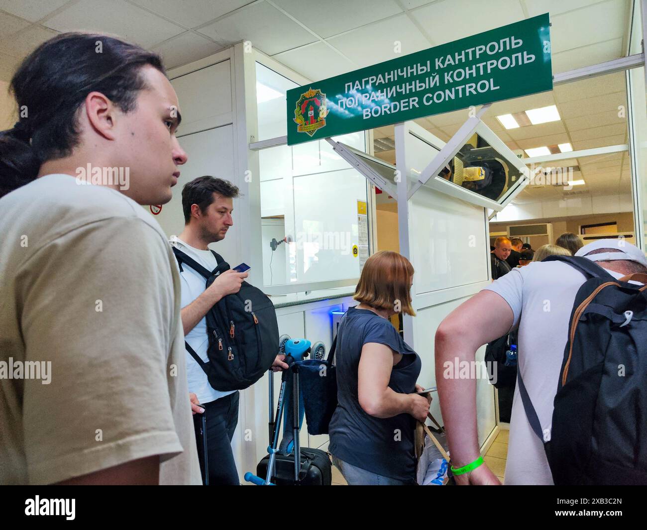 Kamenny Log, Belarus - 31 May 2024: people crossing the border between ...