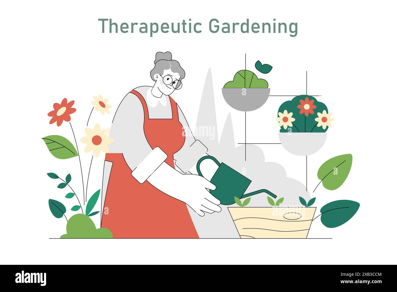 Eco Therapy concept. An elderly woman engages in therapeutic gardening ...