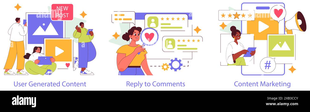 Social Media Marketing set. Engaging with online content and fostering ...