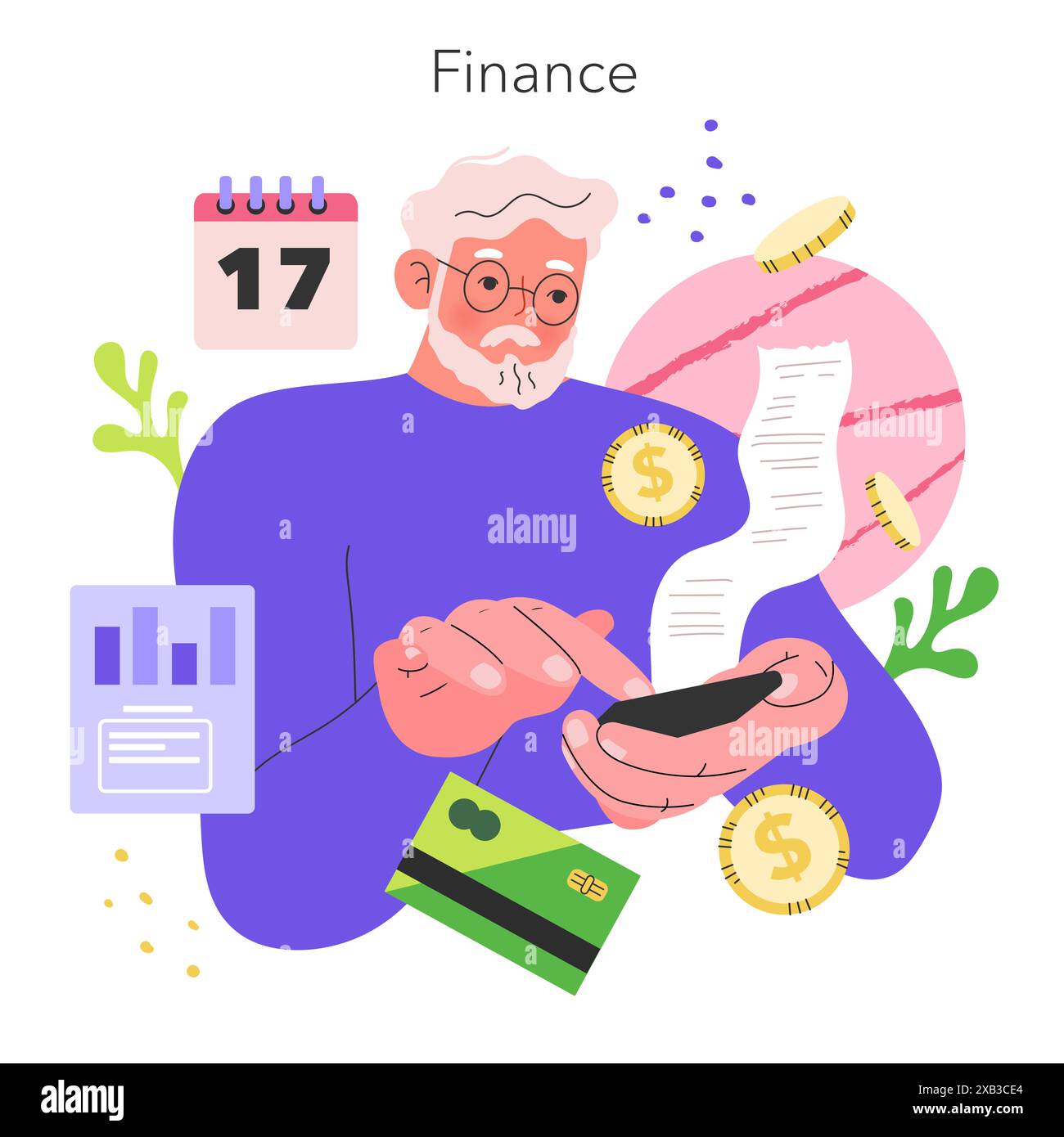 Personal finance management concept. Senior man calculating expenses with bills, coins, and ...