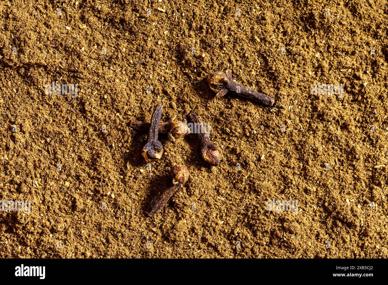 Dry cloves on clove powder background top view Stock Photo - Alamy