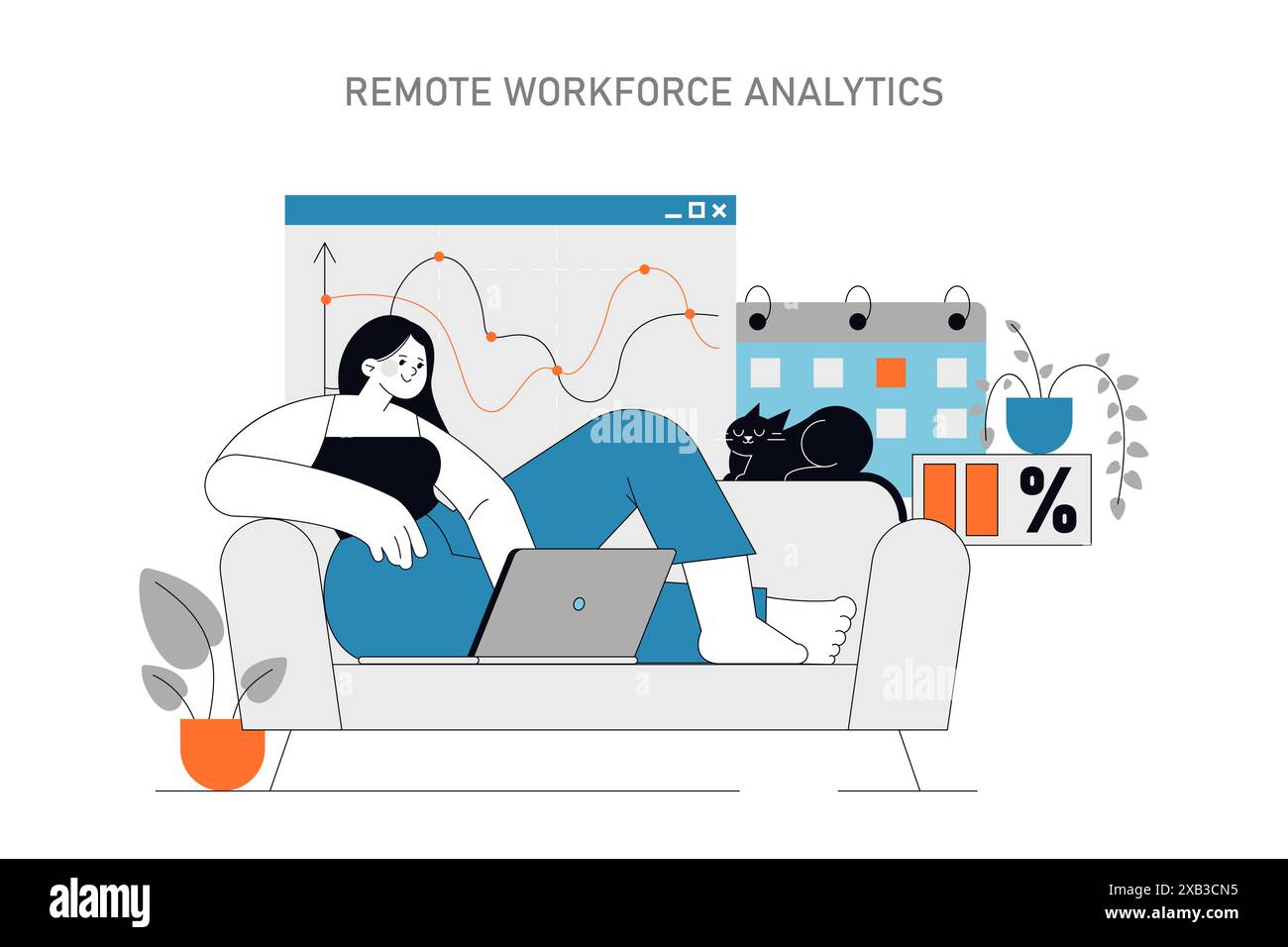 Remote Workforce Analytics concept Employee comfortably working from home, backed by data ...