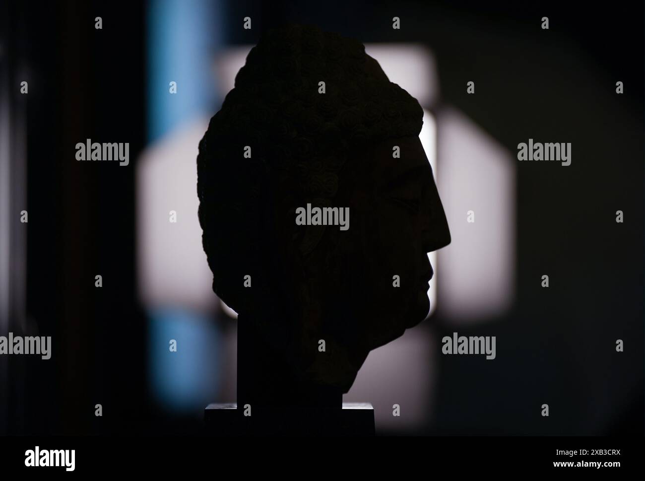 Hamburg, Germany. 10th June, 2024. A marble Buddha head stands in a ...