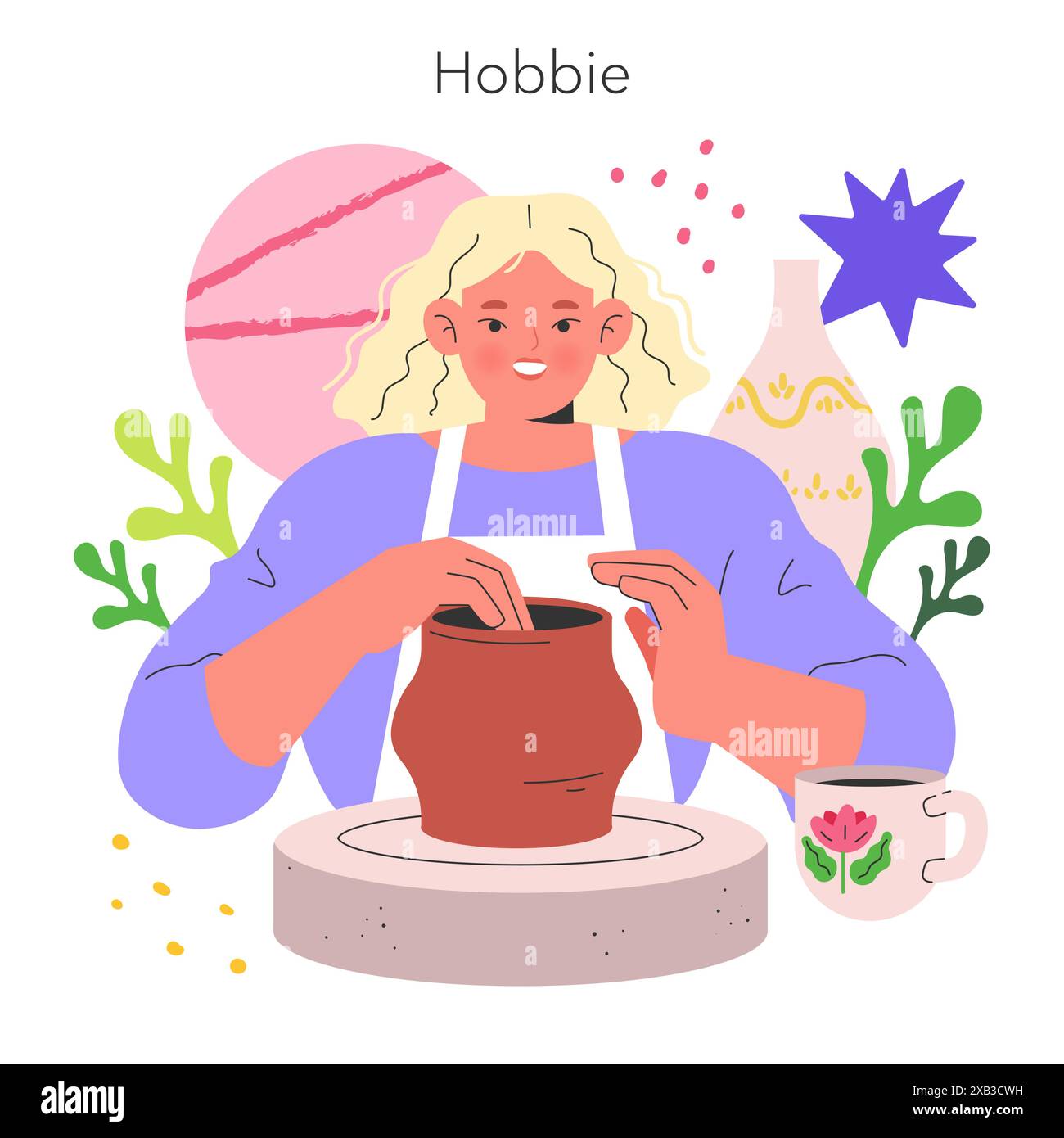 Pottery hobby concept. A cheerful woman crafts a clay pot on a potter's ...