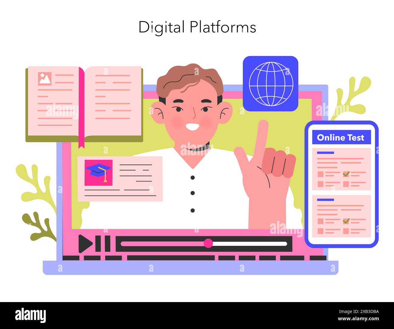 Digital Platforms concept An instructor points to educational icons on a computer screen ...