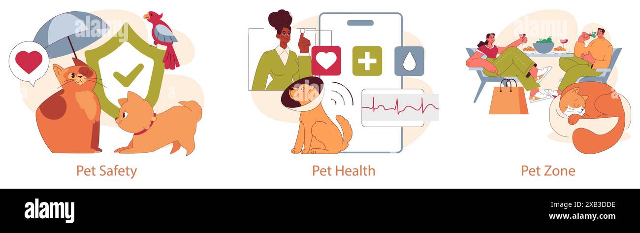 Pet Friendly Space set. Illustrations depicting pet safety, health, and ...