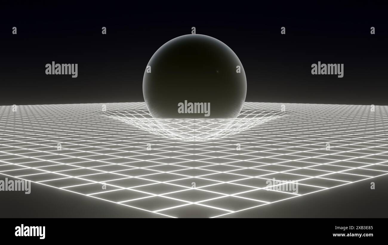 3D illustration of a sphere warping the space around it, with grid ...