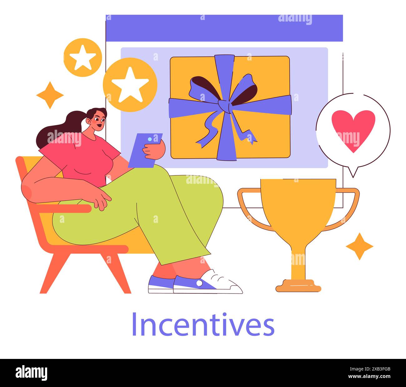 Millennial incentives concept. A young woman relaxes with a smartphone ...